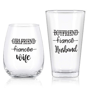 Modwnfy Husband Wife Stemless Wine Glass and Beer Glass Combo, Great Couple Gift for Wedding Engagement Party Bridal Shower Anniversary Valentine’s Day Wife Husband Couple Newly Married, Set of 2