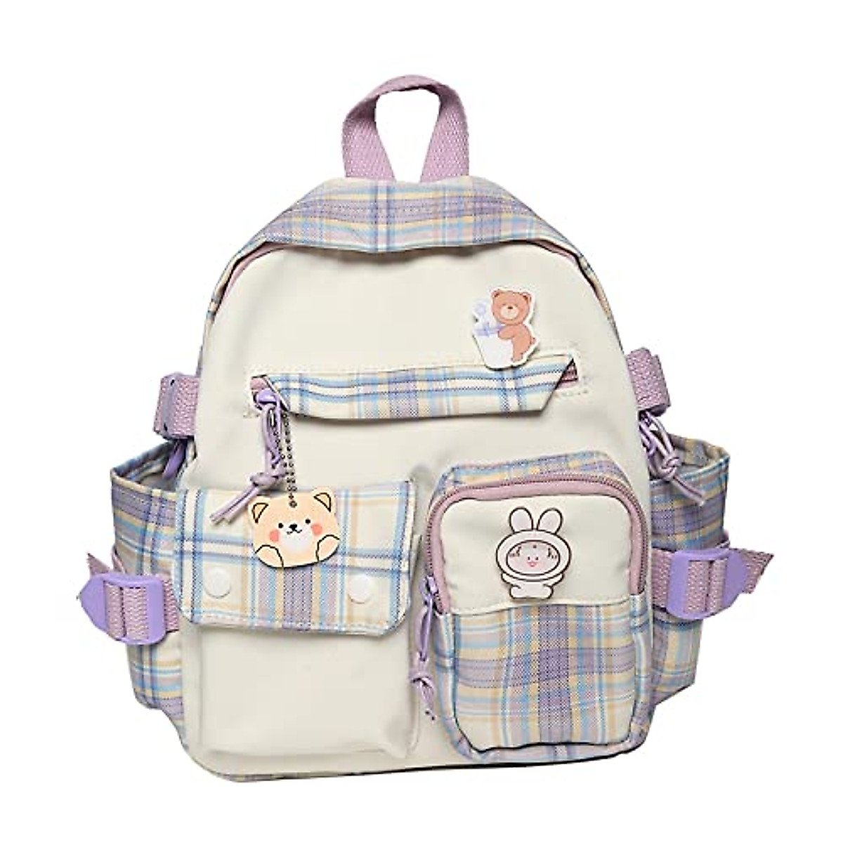 NCDUANSAN Kawaii Schoolbag Student Backpack Plaid Casual Nylon Fresh and Sweet Cute Girl Portable Backpack with Pendant(Purple)