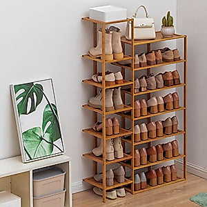 MoNiBloom Bamboo 14 Tier Shoe Rack for Entryway Vertical Double Row Shoe Storage Space Saving Shoe Organizer for 26-30 Pairs Entryway Hallway Corner Bedroom, Brown