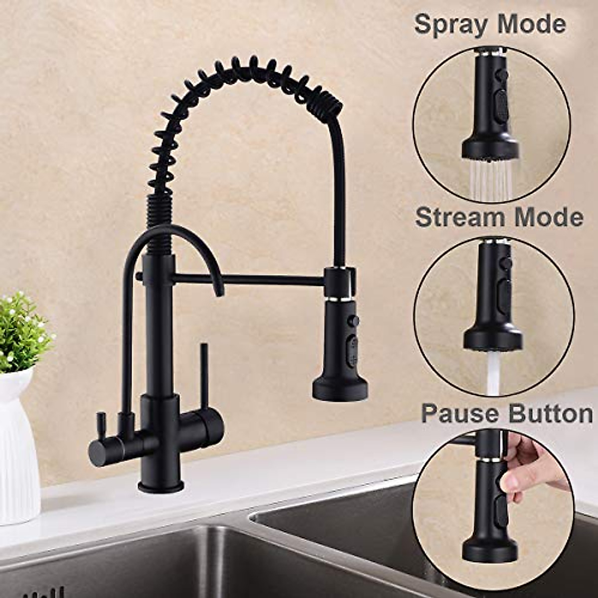 GICASA Kitchen Faucet, Commercial 3 in 1 Spring Black Kitchen Faucet, High Arc Single Hole Pull Down Sprayer Kitchen Sink Faucet, RO System Water Filter Faucet Integrated into Kitchen Faucet