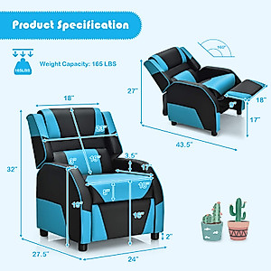 Costzon Kids Recliner, Gaming Recliner Chair w/Footrest, Headrest & Lumbar Support, Ergonomic Leather Lounge Chair for Living & Gaming Room, Adjustable Racing Style Sofa for Children Boys Girls, Blue