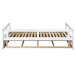 Wooden Daybed Extendable Bed with Two Storage Drawers, Sofa Bed for Bedroom Living Room, Twin/King Size (White with Drawers)