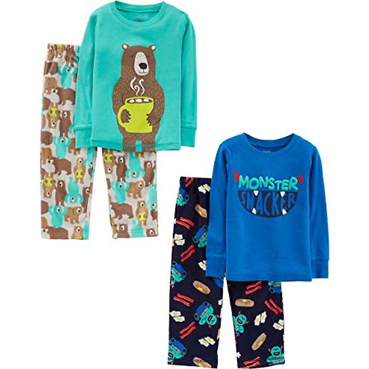 Simple Joys by Carter's Boys' 4-Piece Pajama Set (Cotton Top & Fleece Bottom), Blue/Grey Bear/Turquoise Green/Junk Food Monster, 4T