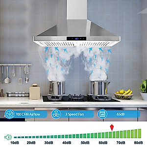 Tieasy Wall Mount Range Hood 30 inch Kitchen Hood 700 CFM with Ducted/Ductless Convertible Duct, Touch Control, Permanent Filters, Stainless Steel, 3 Speed Exhaust Fan, LED Light