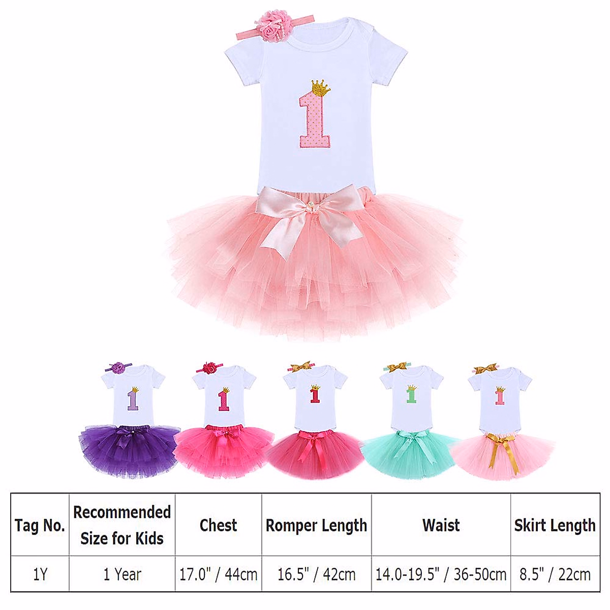 Baby Girls First Birthday Clothes One-piece Bodysuit 1st Crown Romper+Ruffle Tulle Skirt+Bowknot Headband 3PCS Set Toddler Infant Smash Cake Outfits for Casual Photo Shoot Pink Age 1 Year Old