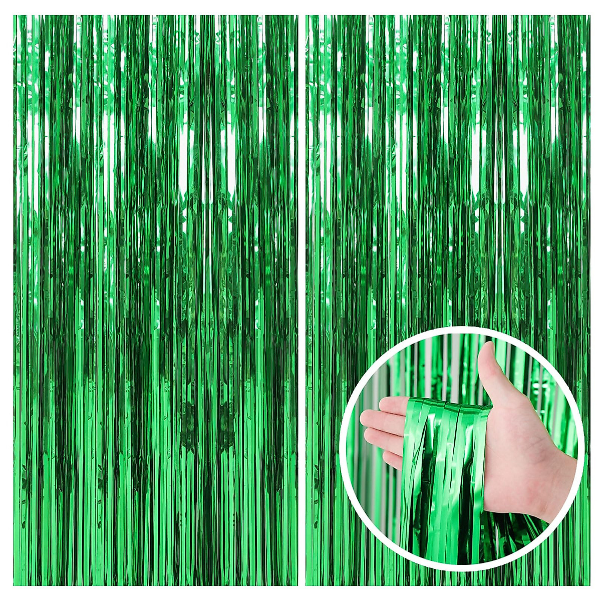 2 Pack Green Streamers Backdrop Jungle Party Decorations Foil Fringe Backdrop Curtains Photo Booth Backdrop for Birthday Dinosaur Animal St Patrick's Day Football Christmas Party Decorations