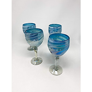 Blue Dorado Design Hand Blown Wine Glass - 16 oz - BDD - Set of 6 (Turquoise and White Swirl)