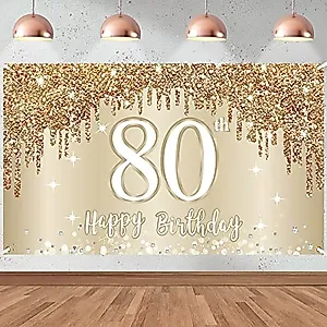 Happy 80th Birthday Banner Backdrop Decorations for Women, Gold White 80 Birthday Sign Party Supplies, Eighty Year Old Birthday Photo Booth Background Poster Decor(72.8 x 43.3 Inch)