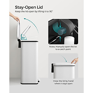 SONGMICS Kitchen Trash Can, 10.5 Gallon (40 L) Garbage Can, Large Step Trash Bin with Lid, Stainless Steel, Soft Close, 15 Trash Bags Included, White ULTB540W40