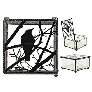Ebros Gift Gothic Silhouette Raven Crow On Tree Branch Frosted Glass Decorative Jewelry Box 4" Wide Edgar Poe Nevermore Ravens Crows Stash Trinket Secret Box