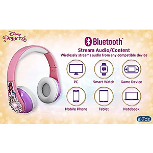 eKids Disney Princess Bluetooth Headphones with EZ Link, Wireless Headphones with Microphone and Aux Cord, Kids Headphones for School, Home, or Travel