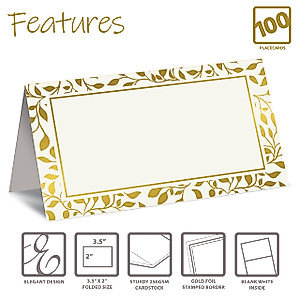 Better Office Products 100 Pack Place Cards, 2 x 3.5 in, White with Metallic Gold Leaf Foil Border, Folded Table Tent Cards for Weddings, Dinner Parties, Buffet Banquets,(100 Count)