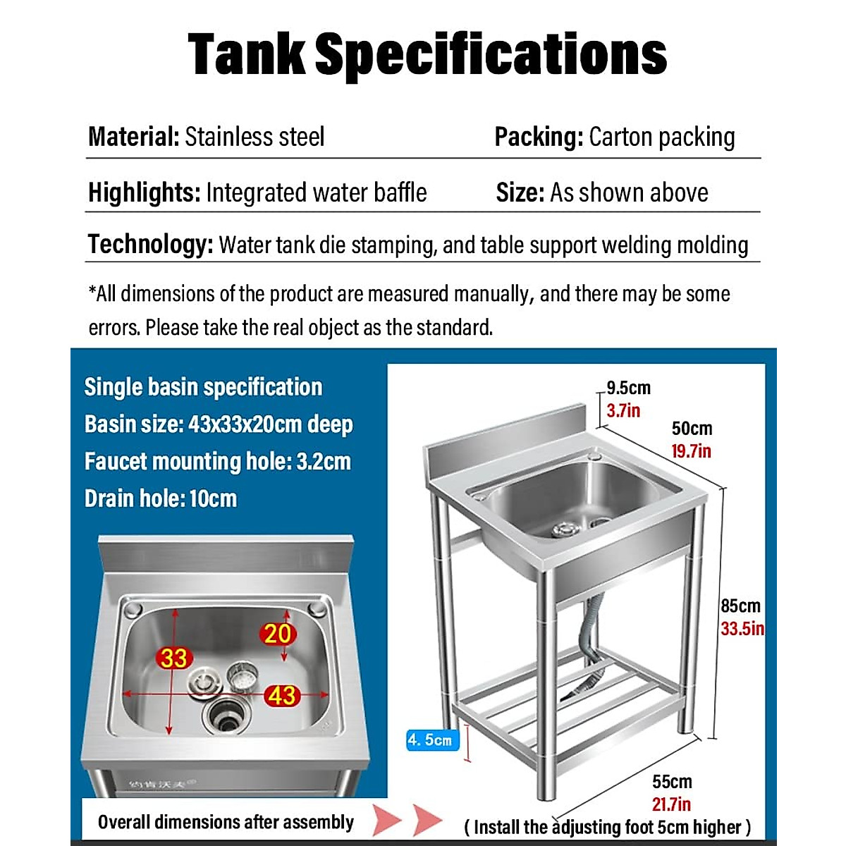 WAHHWF Freestanding Kitchen Sink for Home, Simple Stainless Steel Utility Sink with Stand for Garage, Restaurant, Kitchen, Laundry, Outdoor Sink