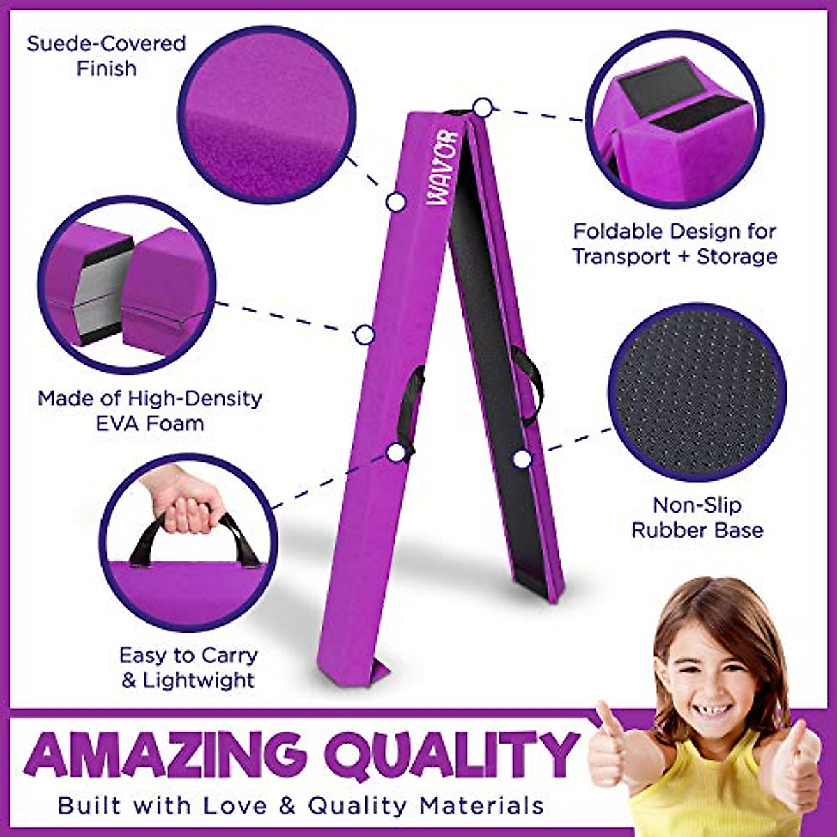 Wavor 8ft Balance Beam: 4 Flowers, 2 Ribbons, Foldable, Easy to Carry, Stable, Firm, 2 Color Options, 4-Inch Wide Kids Gymnastics Beam