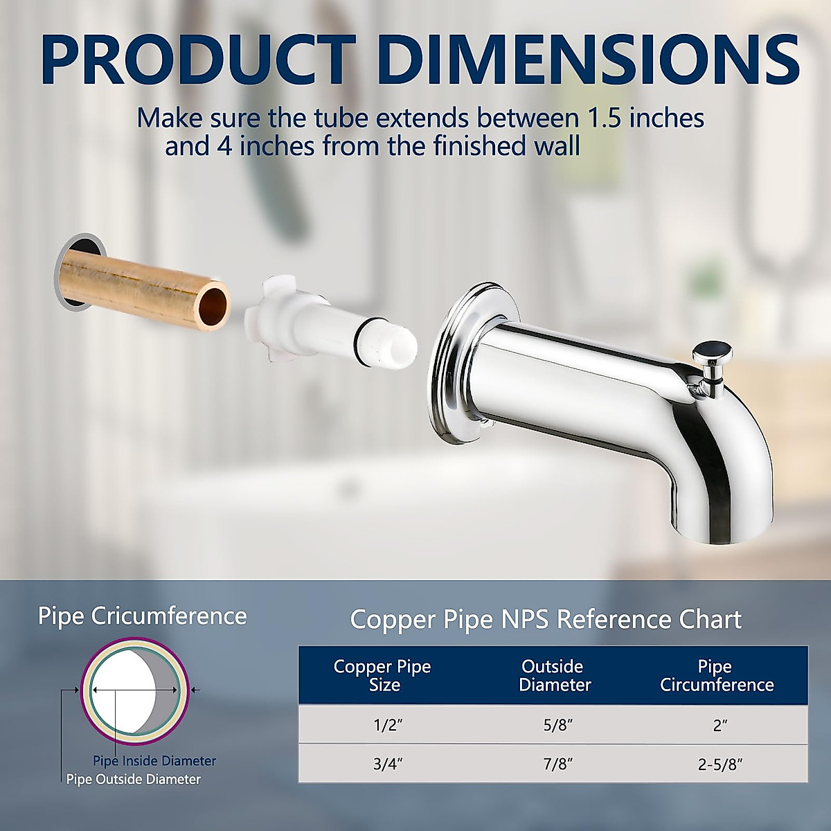 Sperwoesy Slip-On Tub Spout with Diverter Long for Bathtub Spout, Fit for 1/2 Inch Slip Pipe, Chrome