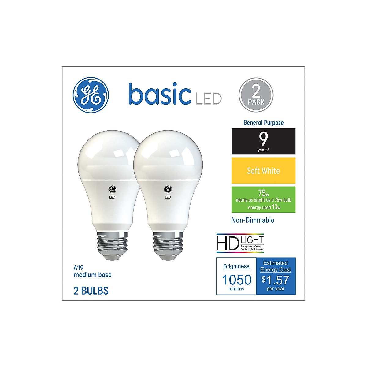 GE Basic LED Light Bulbs, 75 Watt, Soft White, A19 (2 Pack)