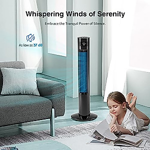 R.W.FLAME Tower Fan, Oscillation fan with Remote Control, Standing fan for office, 3 Wind Modes,Time Settings, Portable Bladeless Floor Fans for Home with Children/Pets/Elders(35", Black)
