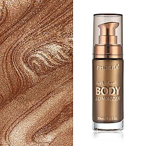 Body Shimmer Oil, Waterproof Long Lasting Moisturizing Body Luminizer Glow For Face , Liquid Illuminator Highlighter 1oz/Jars, Makeup Brush Include (Glistening Bronze #03)