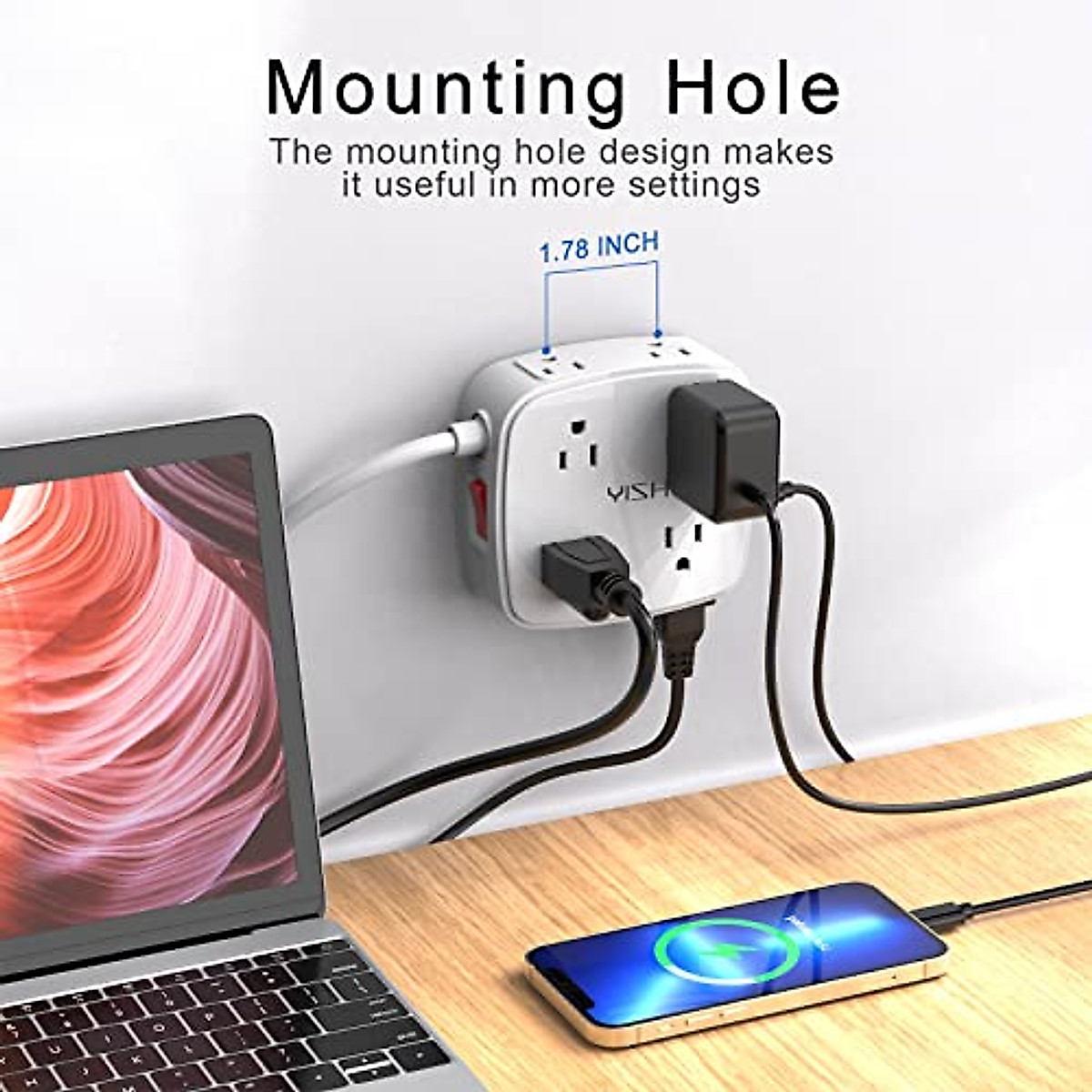 10 Ft Surge Protector Power Strip - YISHU 3 Side Outlet Extender with 8 Widely AC Outlets and 4 USB Ports, 10 Feet Extension Cord with Flat Plug, Wall Mount Desk USB Charging Station, ETL ,White