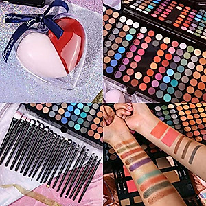 Makeup Gift Sets For Women - 190 Colors Makeup Palette Include Eyeshadow, Blushes, Eyebrow Powder, Eyeliner Pencil, Mirror + 20 Pcs Brushes + Eyeshadow Base Primer + 2Pcs Heart Shape Sponge Puff