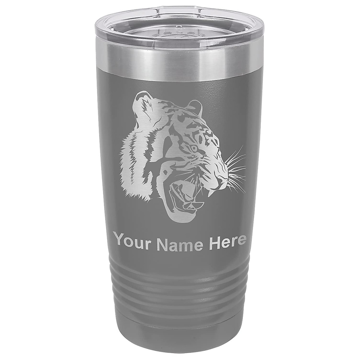 LaserGram 20oz Vacuum Insulated Tumbler Mug, Tiger Head, Personalized Engraving Included (Gray)