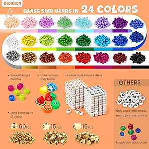 Gionlion 4mm Glass Seed Beads for Bracelets, 2 Boxes 24 Colors Bracelet Making Kit and Letter Beads for Jewelry Making, Friendship Bracelet Kit with Clay Beads for DIY Art Craft Kit Girls Gifts Toys