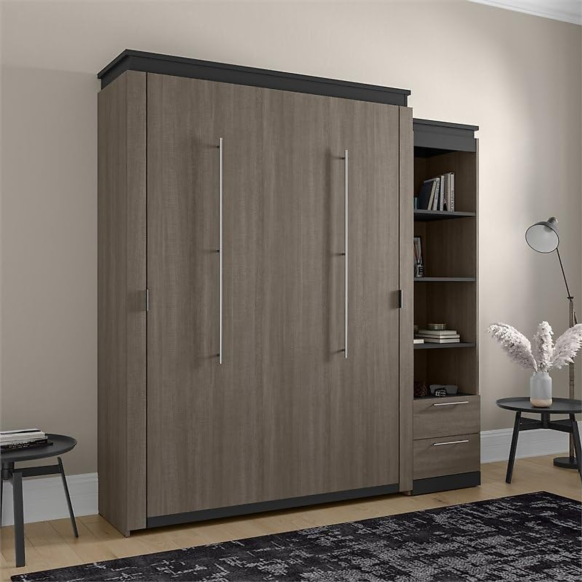 Atlin Designs 85" Modern Wood Queen Murphy Bed and Shelving w/Drawers in Gray