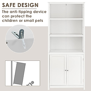 IFANNY Tall Bookshelf with Doors, 3 Shelf Bookcase with Storage Cabinet, Vertical Bookshelves and Bookcases, Modern Display Shelf, Wood Book Shelf for Bedroom, Living Room, Home Office (White)