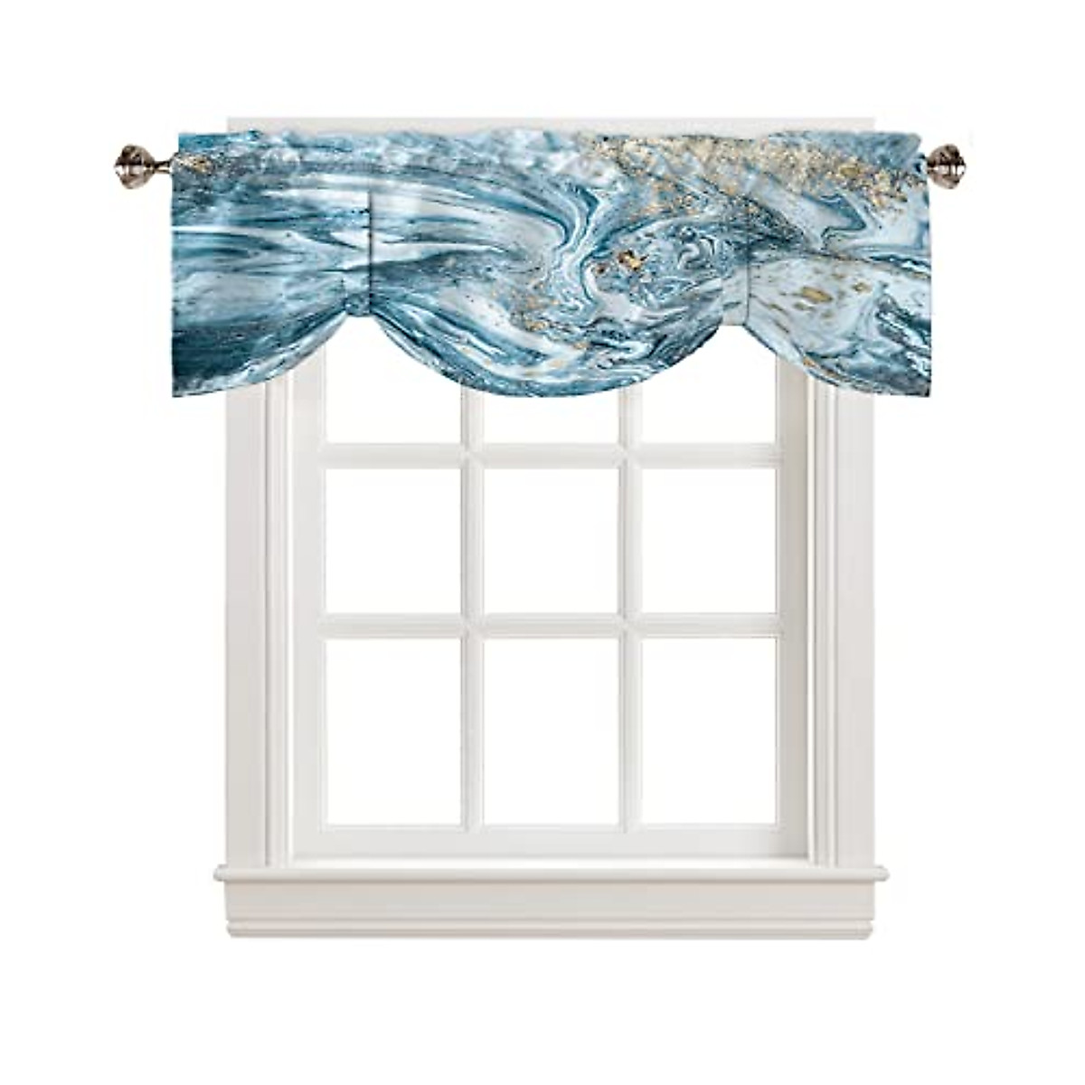 Segard Tie Up Valance for Windows,Marble Liquid Abstract Art Kitchen Valances Adjustable Rod Pocket Window Shade Valance,Blue White Gold Gradient Short Curtains Window Treatment for Bedroom 60x18in