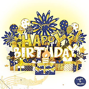 INPHER Large Birthday Card Light and Music Pop Up Happy Birthday Card Musical Birthday Gift Greeting Cards Birthday Cards for Mom, Dad, Husband, Wife, Sister, Navy Blue
