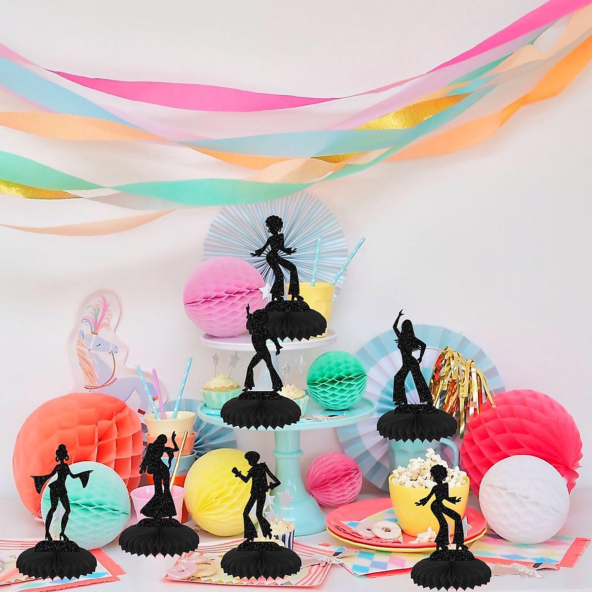 6 PCS 70's Disco Party Decorations 70s Disco Dancing Honeycomb Table Centerpiece Black Glitter 80's Disco Dancer Table Toppers Honeycomb Centerpieces for Music Disco Theme Birthday Party Supplies