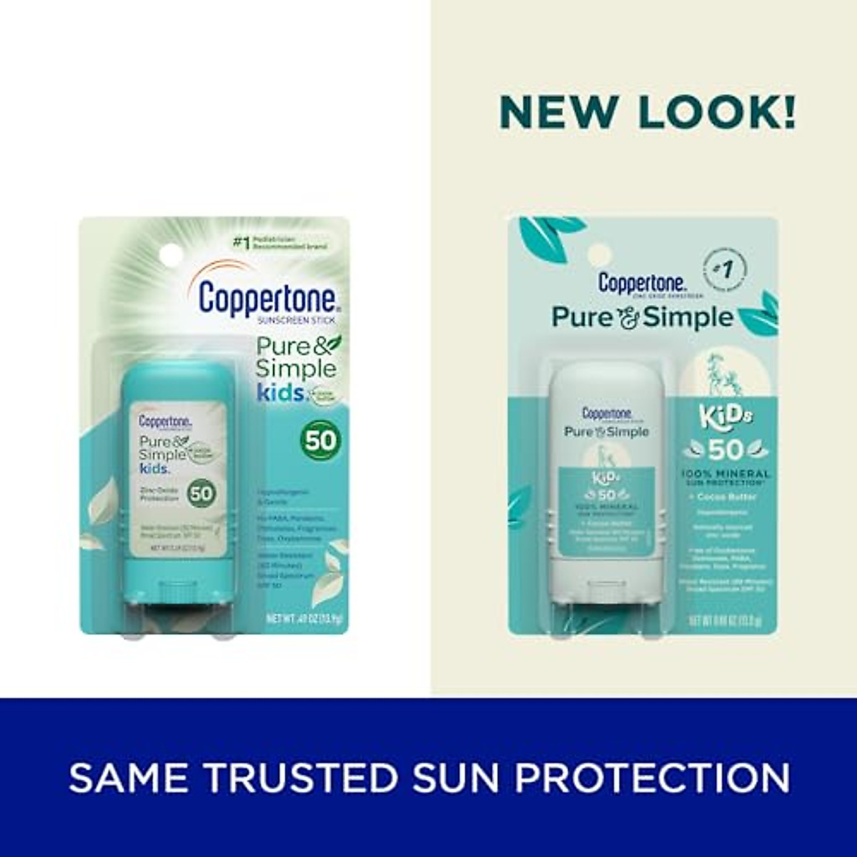 Coppertone Pure and Simple Kids Sunscreen Stick SPF 50, Zinc Oxide Mineral Sunscreen for Kids, Body and Face, 0.49 Oz Stick