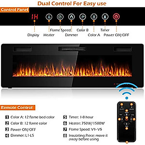 Tangkula 60 Inches Recessed Electric Fireplace, in-Wall & Wall Mounted Electric Heater with Adjustable Flame Color & Speed, Remote Control, Touch Screen, 750-1500W (60 Inches)