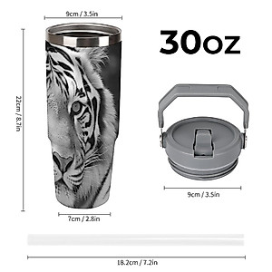ZJCDPBR 30 Oz Tumbler with Foldable Handle And Flip Straw,Black White Tiger Vacuum Insulated Travel Coffee Tumblers,Stainless Steel Leak-Proof Water Bottle,Fits in Cup Holder,Keep Cold 24H & Hot 12H