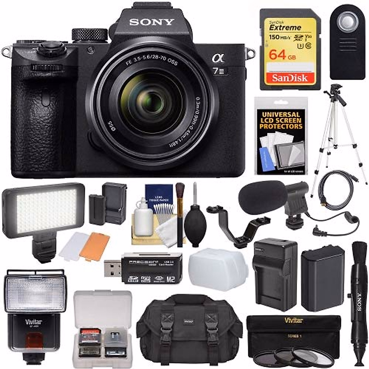 Sony Alpha A7 III 4K Digital Camera & 28-70mm FE OSS Lens with 64GB Card + Battery & Charger + Case + 3 Filters + Tripod + Flash + LED Light + Mic Kit