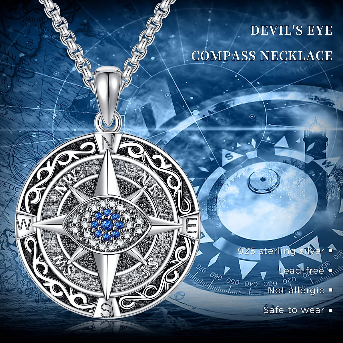 Midir&Etain Evil Eye Necklace S925 Sterling Silver Compass Necklace Life Compass Travel Pendant Evil Eye Amulet Inspirational Graduation Gift Jewelry Men Women
