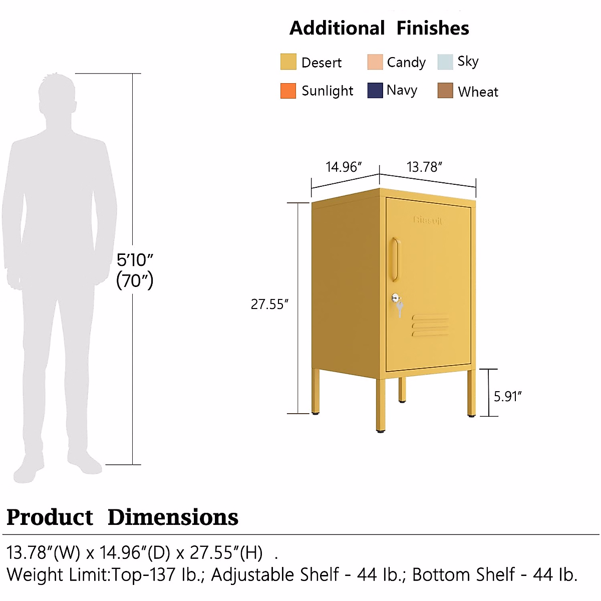 Aiasuit 2 Tiers Night Table Minimalist Style Tea Table Safe Lockable Coffee Table Metal Locker Bedside Cabinet Children's Bedside Cabinet Yellow Size: 27.55”H X 13.78”W X 14.96”D