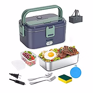 Dosevita Electric Lunch Box for Adults, 1.8 Large Heated Lunch Box, Faster Heating 3 in 1 Lunch Box Warmer Portable for Work/Car/Truck with Spoon & Fork, Carry Bag and 2 Cleaning Sponges
