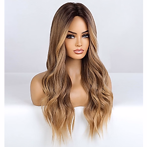 EALGA Warm Medium Brown Wigs, Long Natural Loose Curls Hair Wigs for Women, Full Synthetic Wig with Dark Roots, 22 inch EALGA-231