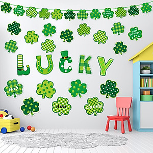 77Pcs St. Patrick's Day Shamrock Cutouts Decorations Green Lucky Irish Paper Clover Cut-Outs Includes Glue Points and Rope for Classroom Bulletin Board Game Party Supplies