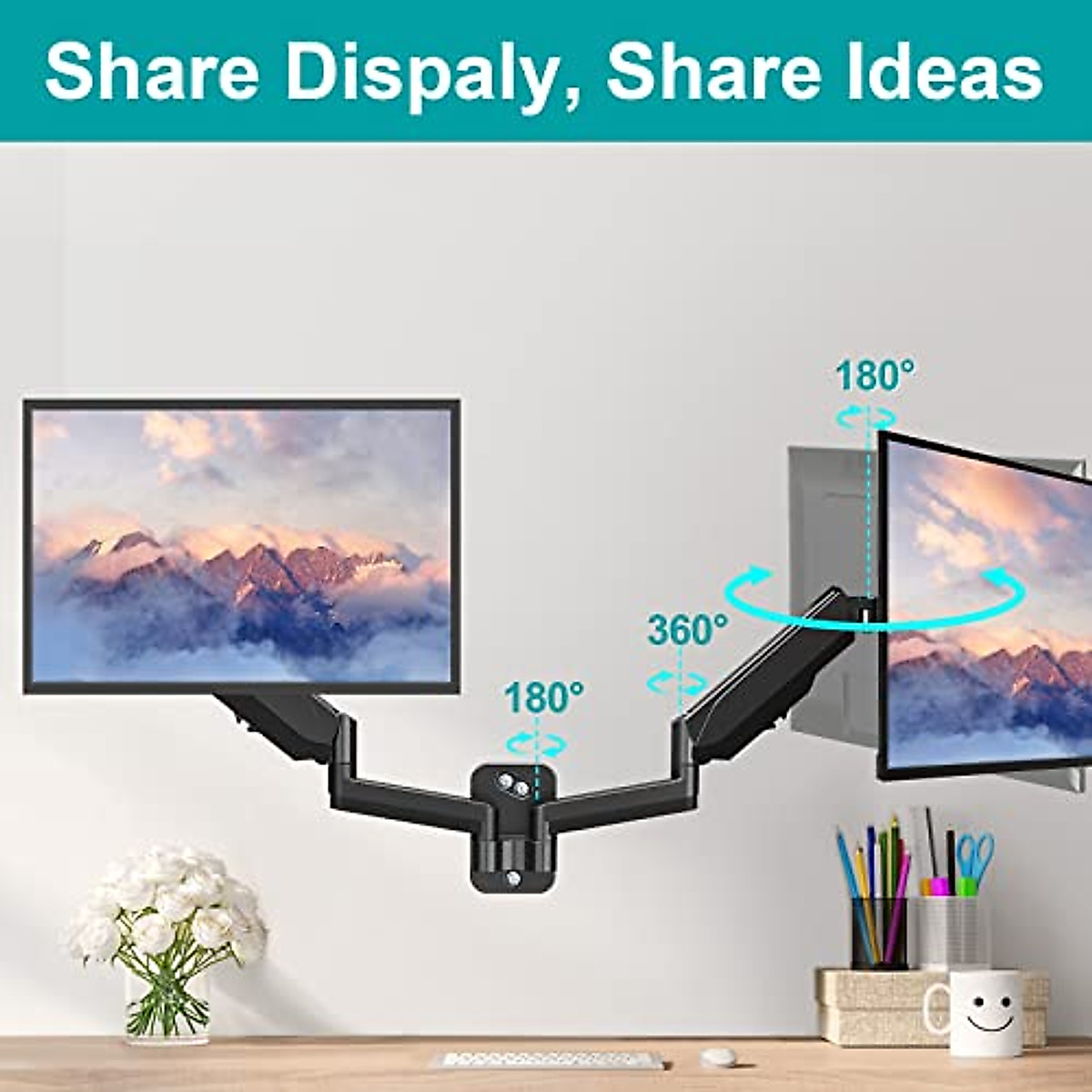 MOUNT PRO Dual Monitor Wall Mount for 13 to 32 Inch Computer Screens, Gas Spring Arm for 2 Monitors, Each Holds Up to 17.6lbs, Full Motion Wall Monitor Mount with VESA 75x75/100x100