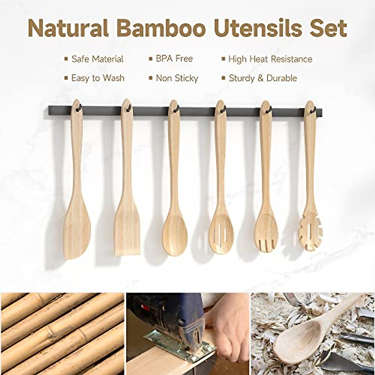 Mooues 6 Piece Wooden Spoons for Cooking Set Bamboo Kitchen Utensils Set Smooth Surface Non-Stick Cooking Utensils Set Comfortable Grip Wooden Utensils for Cooking, Housewarming Holiday Gift