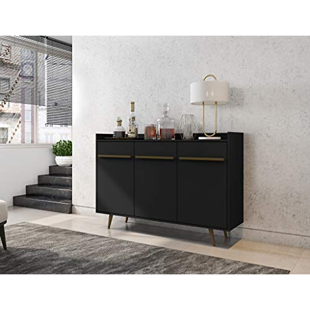 Manhattan Comfort Bradley Mid Century Modern Dining Room 4 Shelves Buffet Stand Cabinet, 53.54", Black