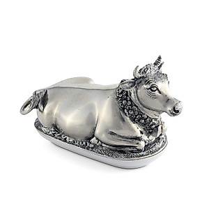 Vagabond House Pewter Metal Mabel the Cow Covered Butter Cream Cheese Dish Container Keeper Heirloom Quality with Stoneware Tray Base 8.5 inch Long