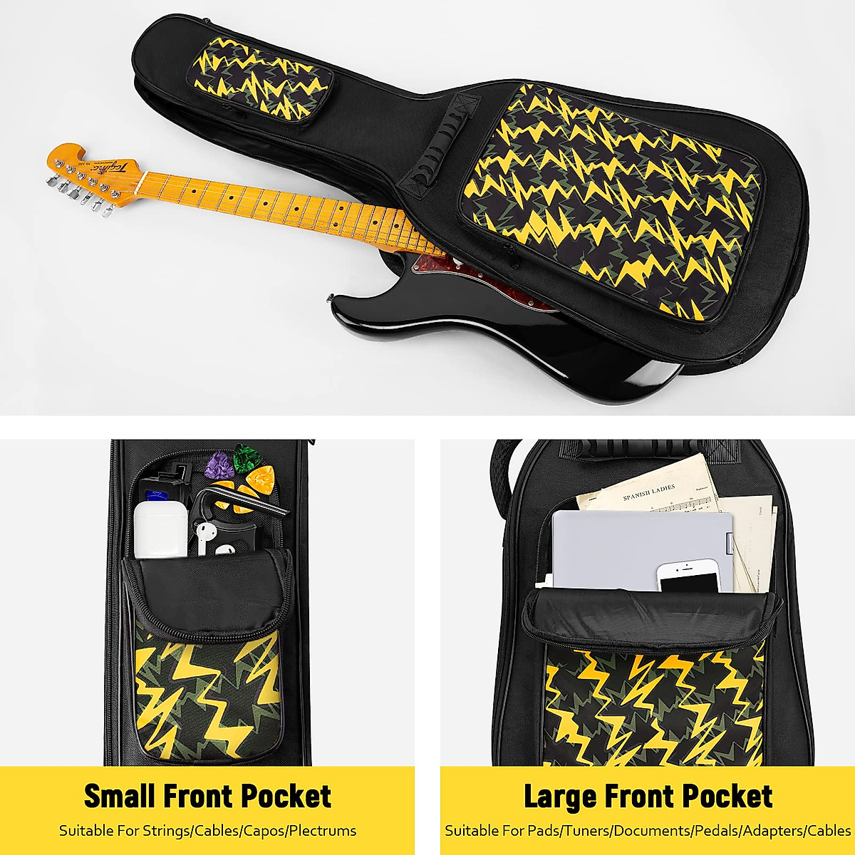 LETSROCK 39 Inch Electric Guitar Bag Case 0.38 inch Thick Padding with Neck Strap Adjustable Shoulder Strap Waterproof Yellow Lightning Shape&Black Electric Guitar Gig Bag