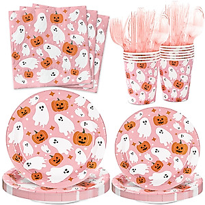 JarThenaAMCS Halloween Tableware Set Ghost Pumpkin Disposable Party Supplies Pink 9 & 7 Inch Paper Plates 6.5 Inch Napkins Cups and Cutlery for 25 Guests