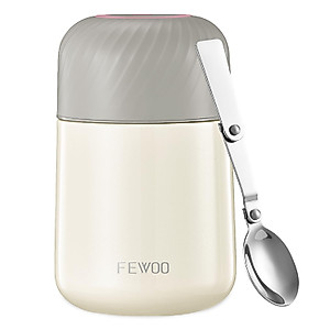 Food Thermos - 20oz Vacuum Insulated Soup Container, Stainless Steel Lunch box for Kids Adult, Leak Proof Food Jar with Folding Spoon for Hot or Cold Food (White)