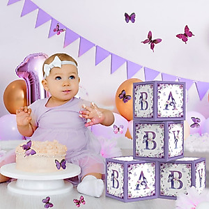GOGOPARTY Purple Butterfly Floral Baby Shower Boxes Decorations - 4 Baby Shower Centerpiece Boxes Gender Reveal First Birthday Centerpiece Decors (Without Flowers)