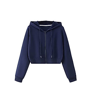 SweatyRocks Women's Long Sleeve Drawstring Full Zip Hooded Jacket Crop Sweatshirt Navy Blue L