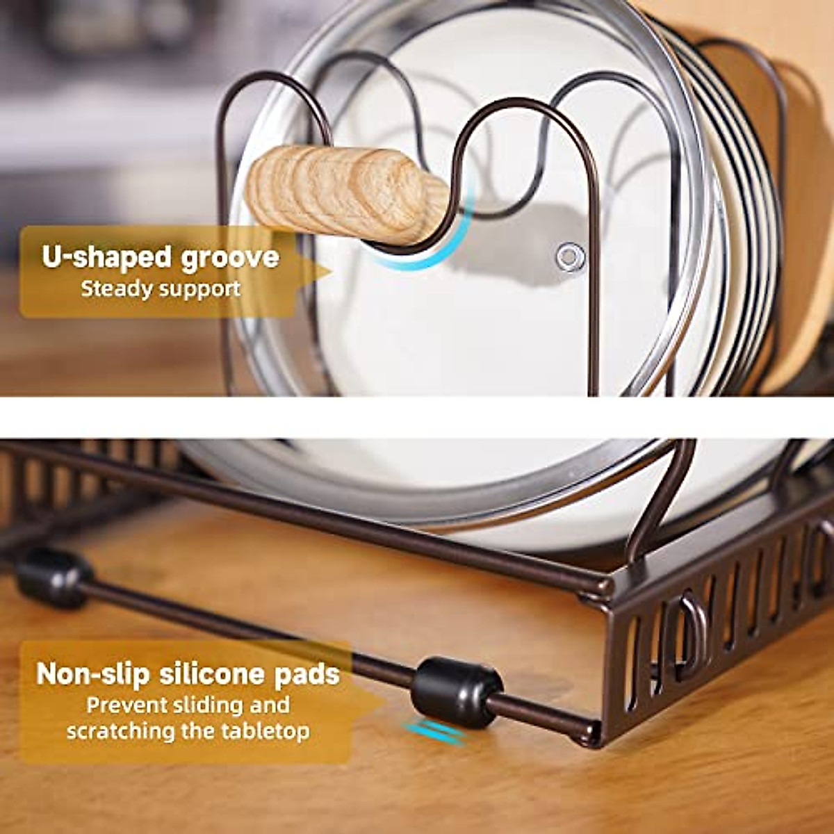 Tomorotec 7+ Pot and Pan Organizer for Cabinet Lid Holder Expandable, Cabinet Pot Lid Storage Rack Organizer for Frying Pan Kitchen(Bronze)